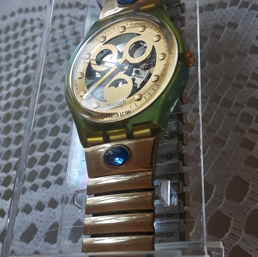 Swatch Vintage Watch Gold Blue Precious Stones - Gem